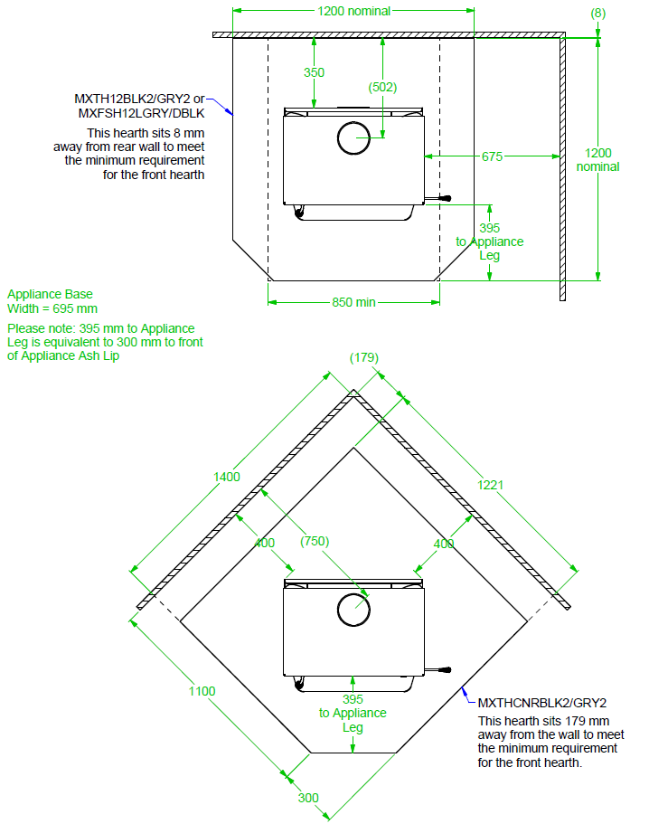 Maxiheat Manor 1000 Wood Heater Clearance Diagrams